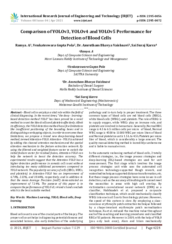 (PDF) Comparison of YOLOv3, YOLOv4 and YOLOv5 Performance for Detection of Blood Cells