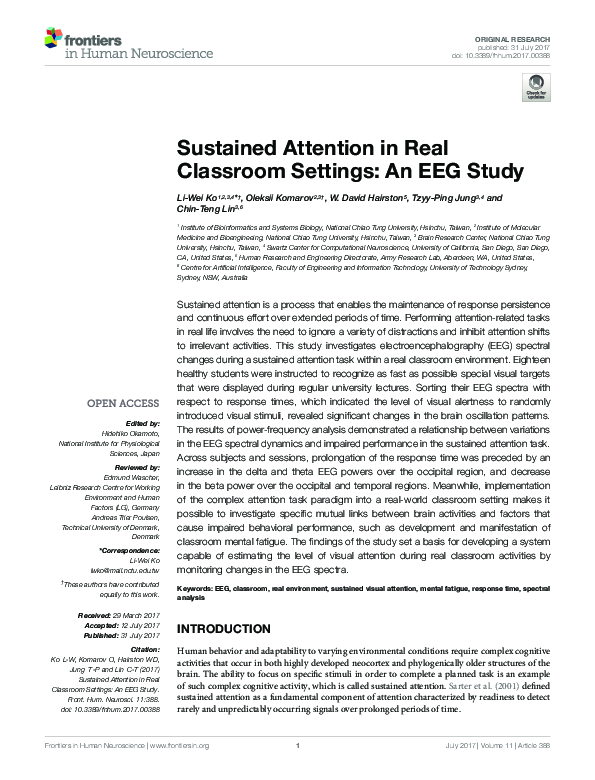 (PDF) Sustained Attention in Real Classroom Settings: An EEG Study