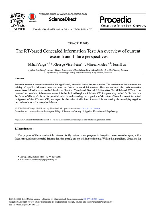(PDF) The RT-based Concealed Information Test: An Overview of Current ...