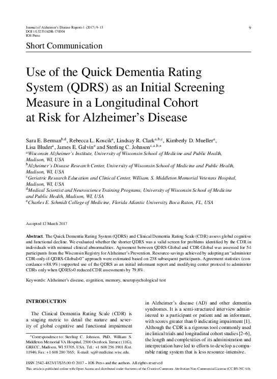 (PDF) Use of the Quick Dementia Rating System (QDRS) as an Initial ...