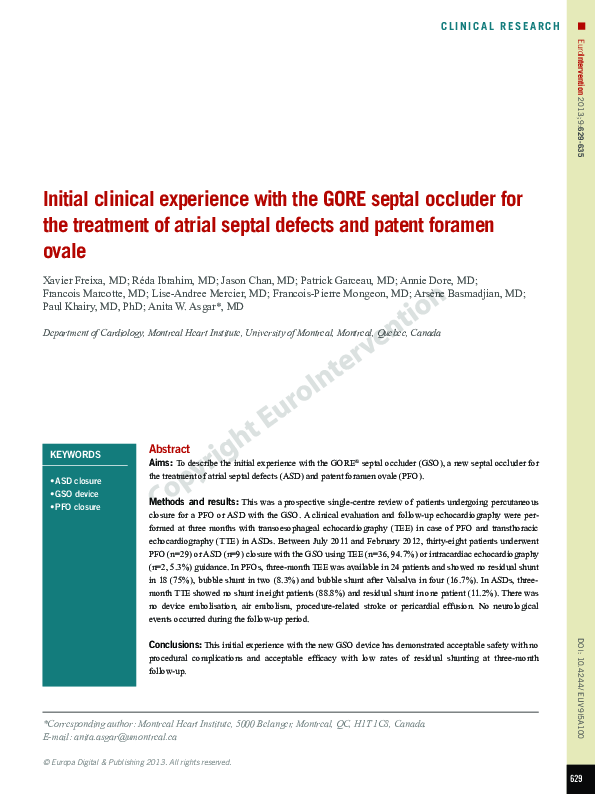 (PDF) Initial clinical experience with the GORE septal occluder for the ...
