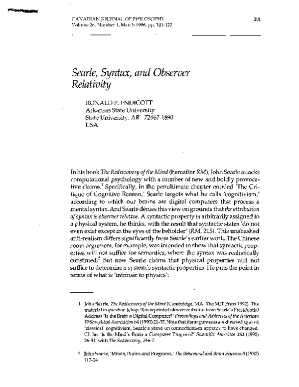 (PDF) Searle, Syntax, and Observer Relativity