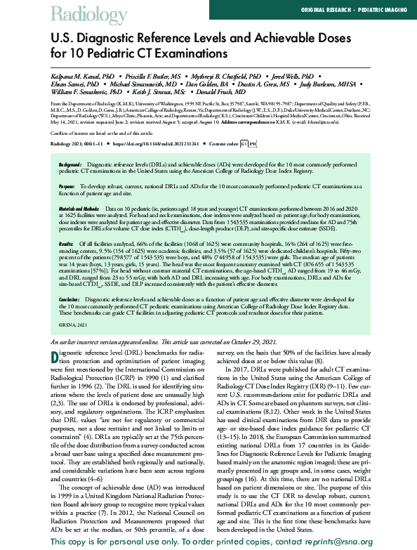 (PDF) U.S. Diagnostic Reference Levels and Achievable Doses for 10 ...