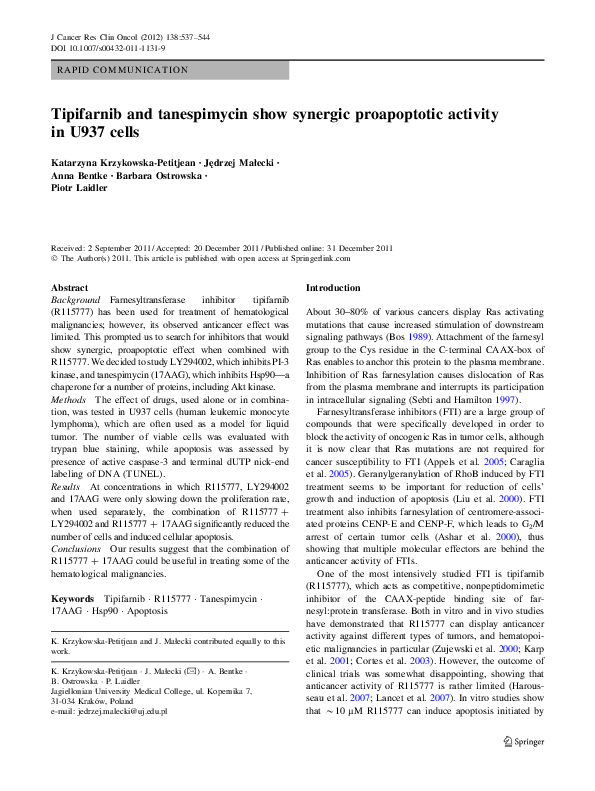 (PDF) Tipifarnib and tanespimycin show synergic proapoptotic activity ...