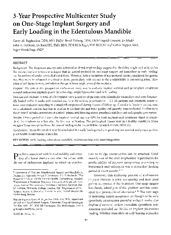 (PDF) 3-Year Prospective Multicenter Study on One-Stage Implant Surgery and Early Loading in the ...