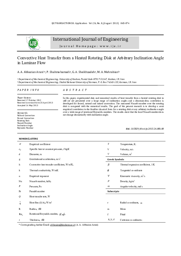 Pdf Convective Heat Transfer From A Heated Rotating Disk At Arbitrary Inclination Angle In