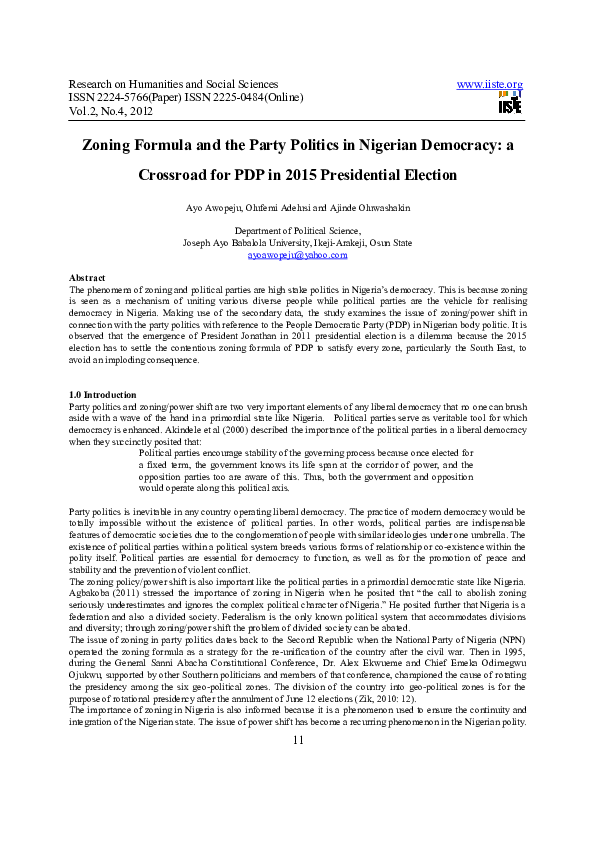 (PDF) Zoning Formula and the Party Politics in Nigerian Democracy: a ...