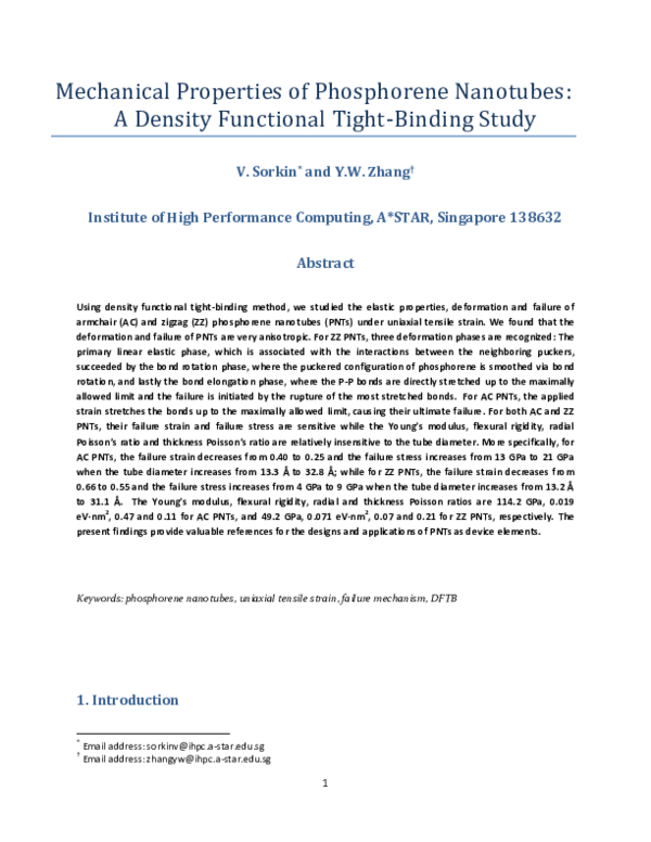 (PDF) Mechanical properties of phosphorene nanotubes: a density functional tight-binding study