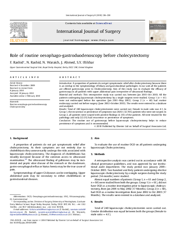 (PDF) Role of routine oesophago-gastroduodenoscopy before cholecystectomy