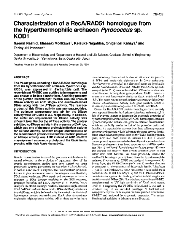 (PDF) Characterization of a RecA/RAD51 homologue from the ...