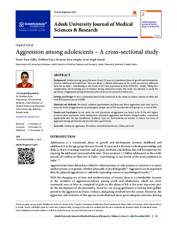 (PDF) Aggression among adolescents – A cross-sectional study
