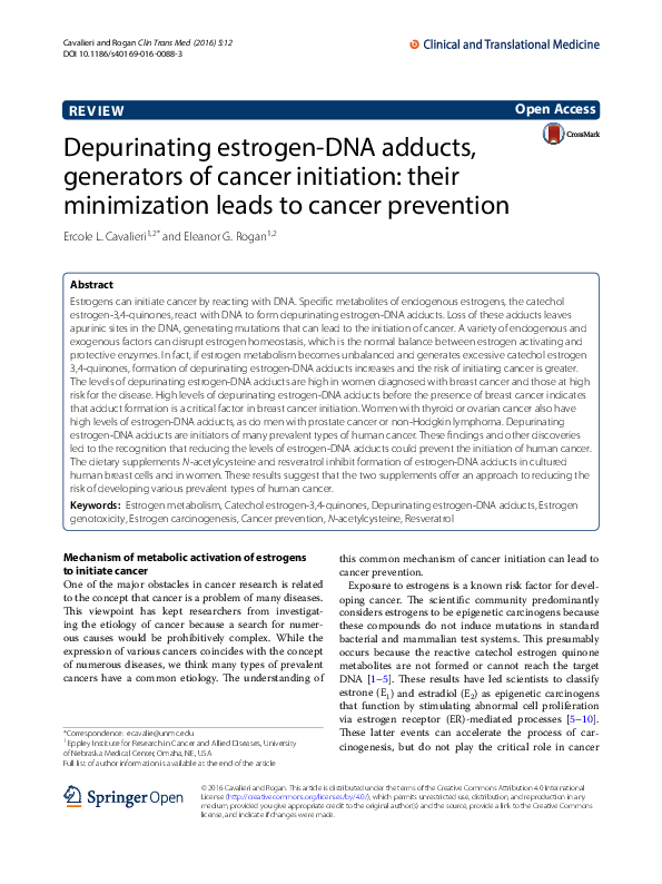 (PDF) Depurinating estrogen-DNA adducts, generators of cancer ...