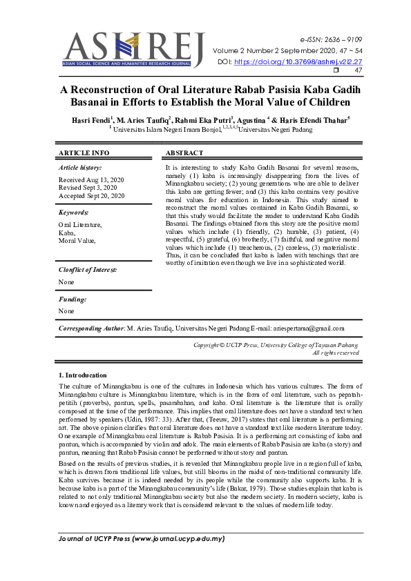(PDF) A Reconstruction of Oral Literature Rabab Pasisia Kaba Gadih ...