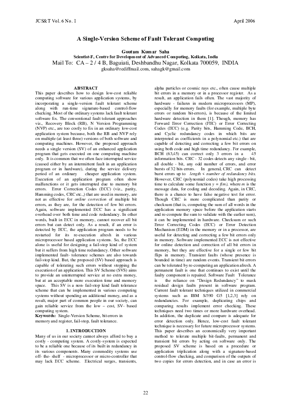(PDF) A Single-Version Scheme of Fault Tolerant Computing