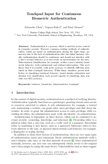 Pdf Touchpad Input For Continuous Biometric Authentication