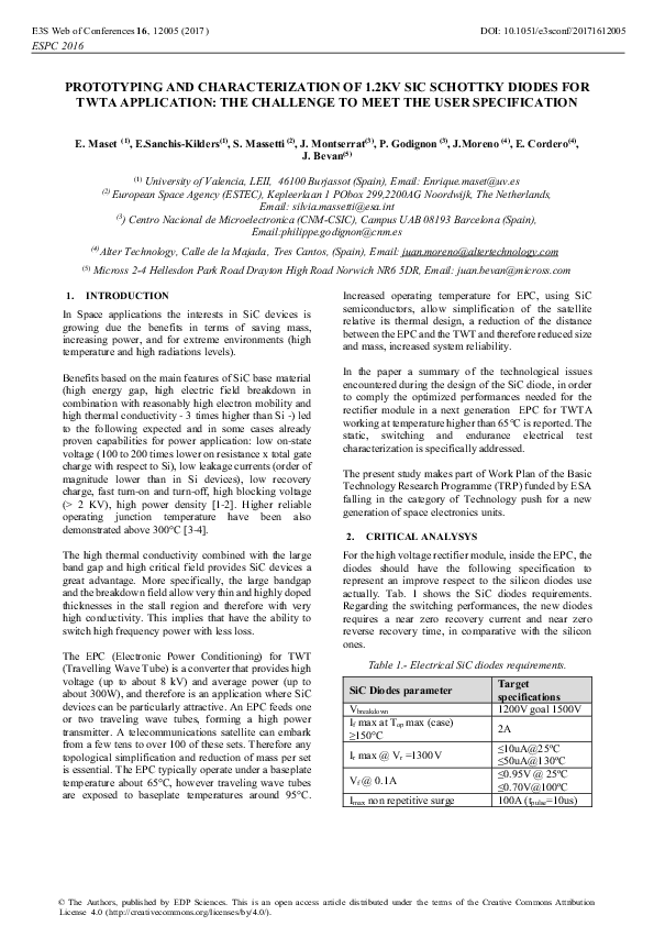 (PDF) Prototyping and Characterization of 1.2KV SIC Schottky Diodes for ...