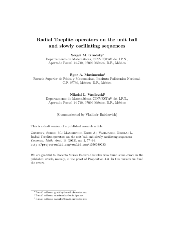 (PDF) Radial Toeplitz Operators on the Unit Ball and Slowly Oscillating Sequences