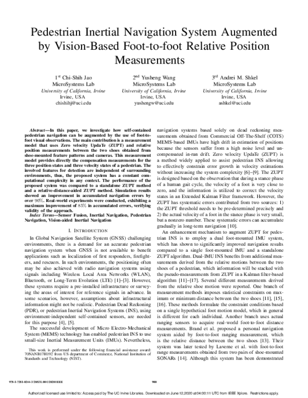 (PDF) Pedestrian Inertial Navigation System Augmented by Vision-Based Foot-to-foot Relative ...