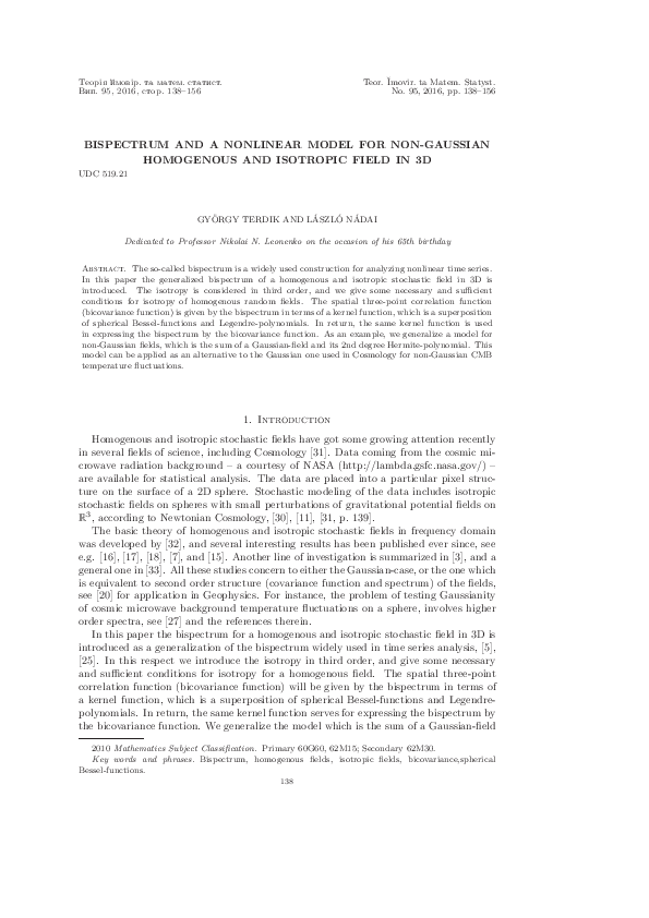 (PDF) Bispectrum and a non-linear model for a non-Gaussian homogenous and isotropic field in 3D