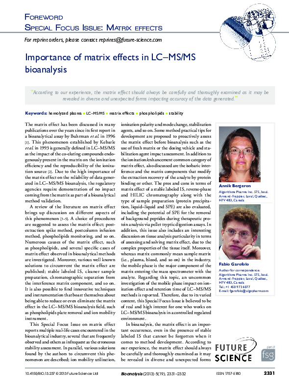 (PDF) Importance of matrix effects in LC–MS/MS bioanalysis