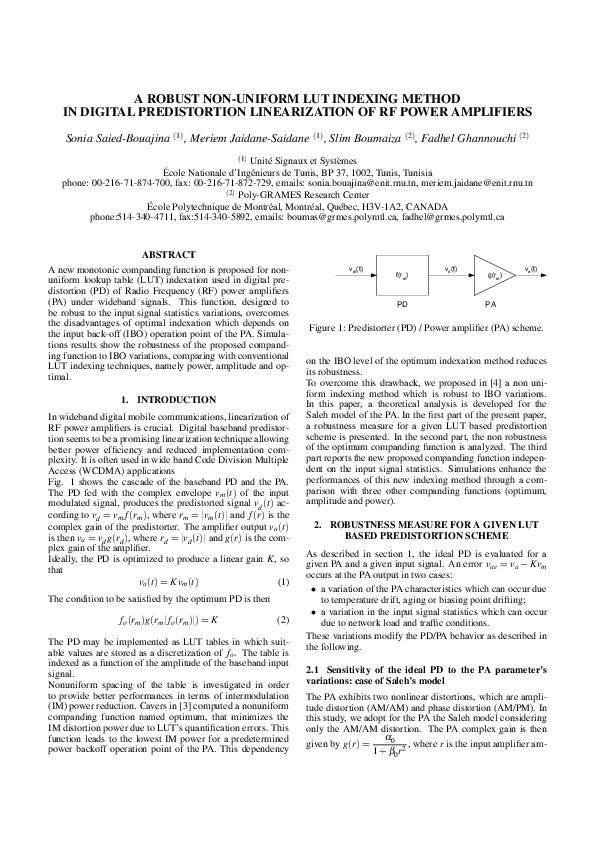 (PDF) A robust non-uniform LUT indexing method in digital predistortion linearization of RF ...