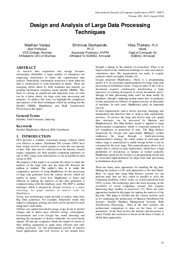 (PDF) Design and Analysis of Large Data Processing Techniques