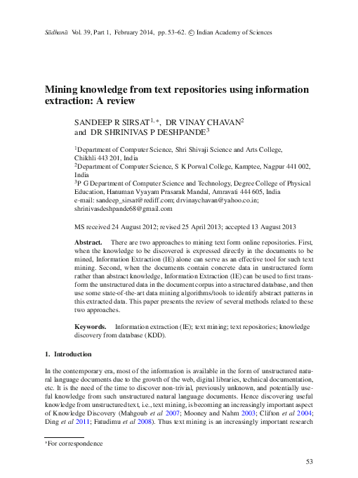 (PDF) Mining knowledge from text repositories using information extraction: A review