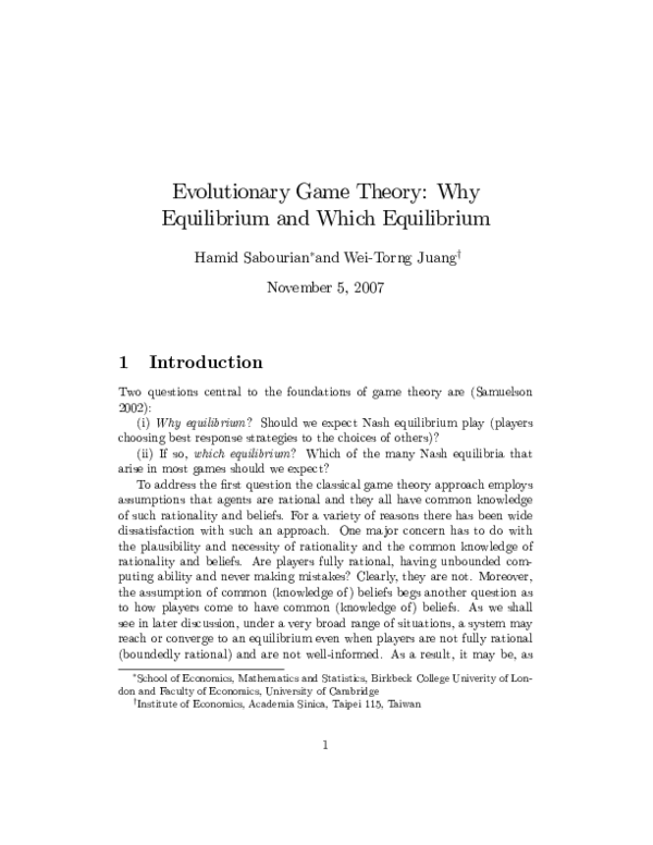 (PDF) Evolutionary Game Theory : Why Equilibrium and Which Equilibrium