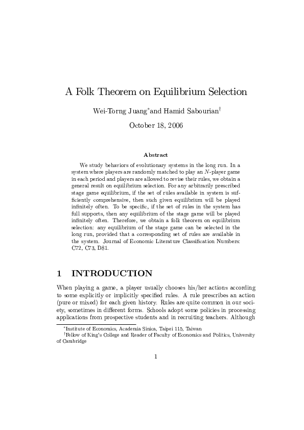 (PDF) A Folk Theorem on Equilibrium Selection | Hamid Sabourian ...