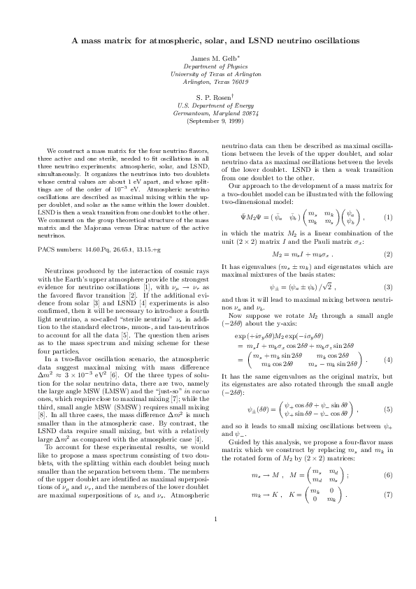 (PDF) Mass matrix for atmospheric, solar, and LSND neutrino oscillations | James Gelb - Academia.edu