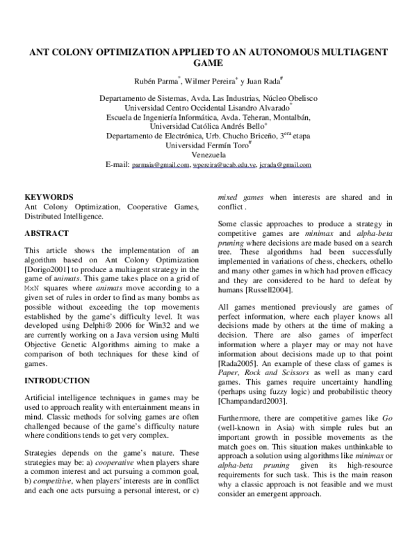 (PDF) Ant Colony Optimization Applied to an Autonomous Multiagent Game