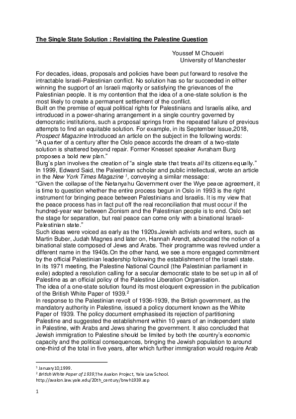 (PDF) The Single State Solution : Revisiting the Palestine Question