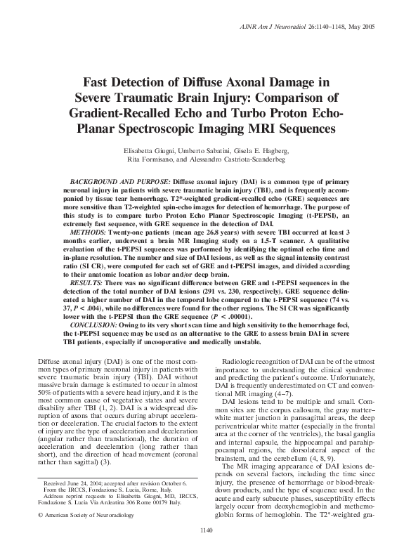 (PDF) Fast detection of diffuse axonal damage in severe traumatic brain injury: comparison of ...