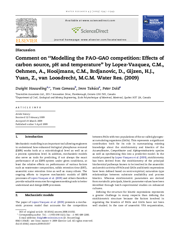 (PDF) Comment on “Modelling the PAO–GAO competition: Effects of carbon ...
