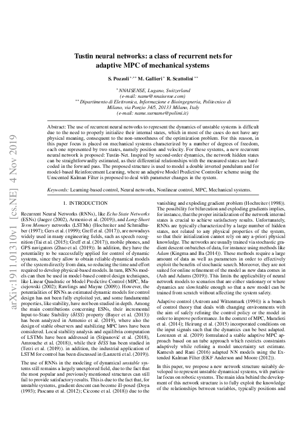 (PDF) Tustin neural networks: a class of recurrent nets for adaptive MPC of mechanical systems