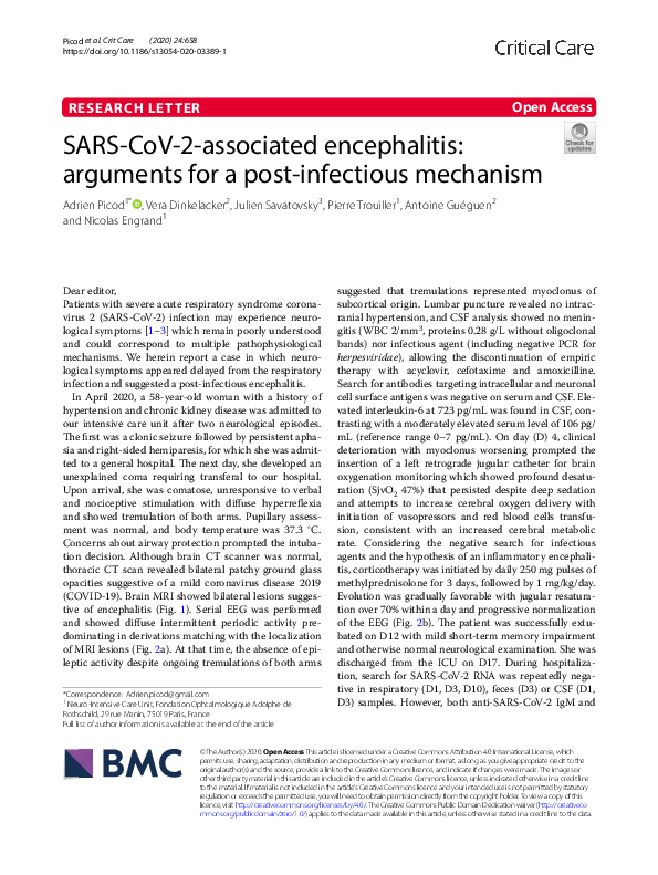 (PDF) SARS-CoV-2-associated encephalitis: arguments for a post ...