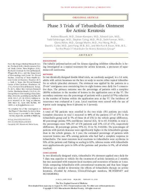 (PDF) Phase 3 Trials of Tirbanibulin Ointment for Actinic Keratosis