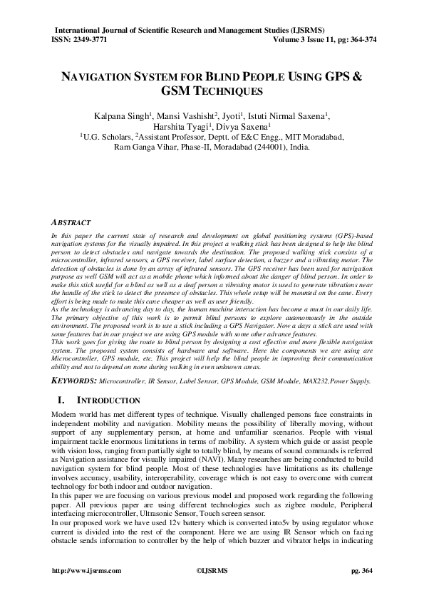 (PDF) NAVIGATION SYSTEM FOR BLIND PEOPLE USING GPS & GSM TECHNIQUES