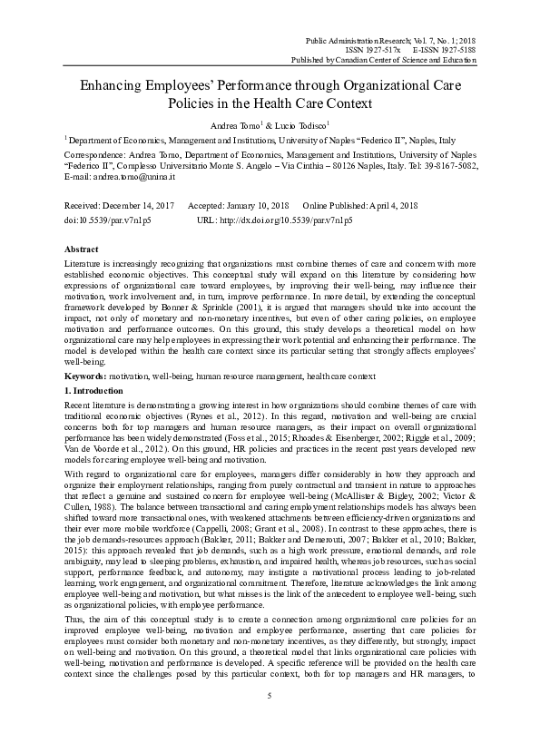 (PDF) Enhancing Employees’ Performance through Organizational Care ...