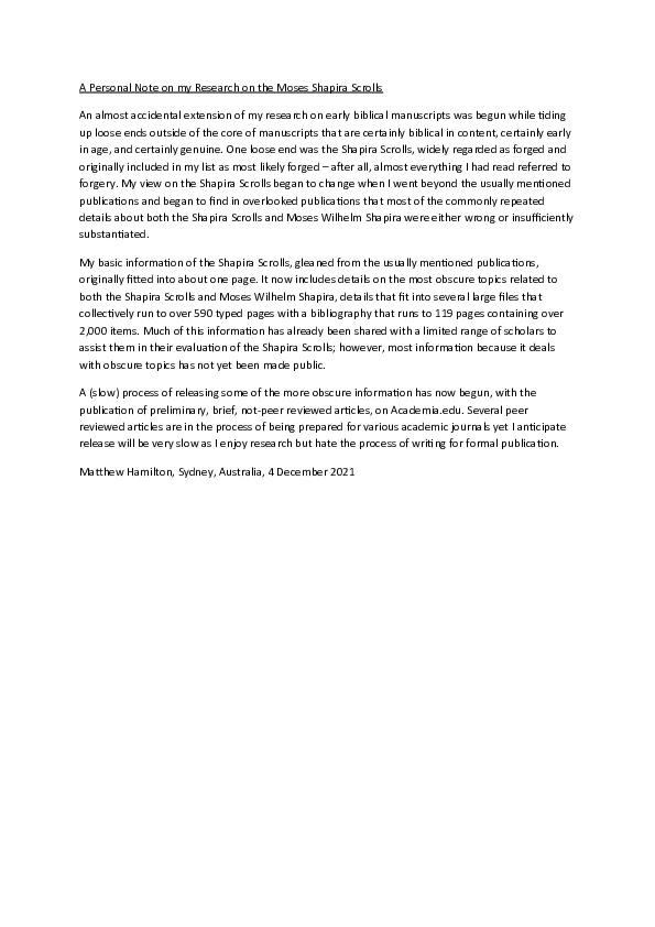 (DOC) A Personal Note on my Research on the Moses Shapira Scrolls