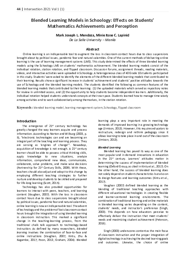 (PDF) Blended Learning Models in Schoology: Effects on Students ...