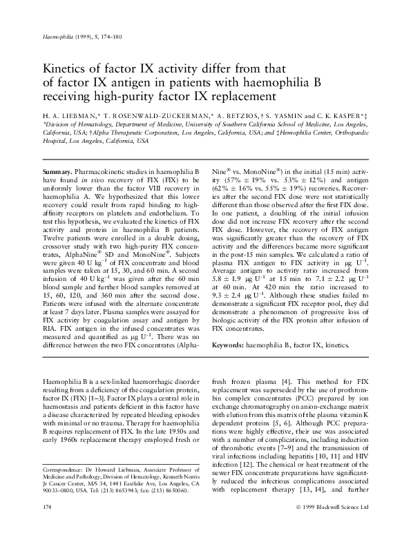 Kinetics of factor IX activity differ from that of factor IX antigen in ...