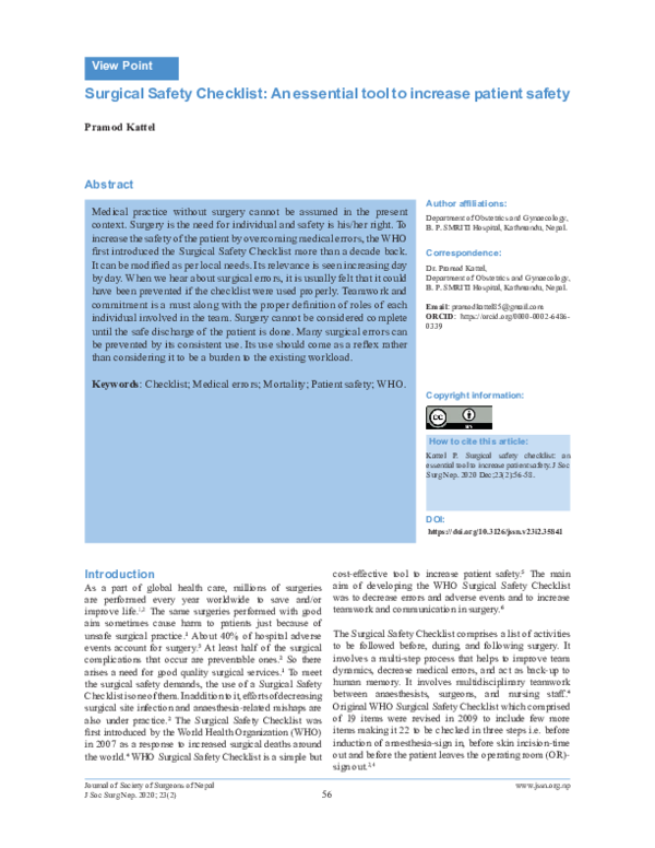(PDF) Surgical Safety Checklist: An essential tool to increase patient ...
