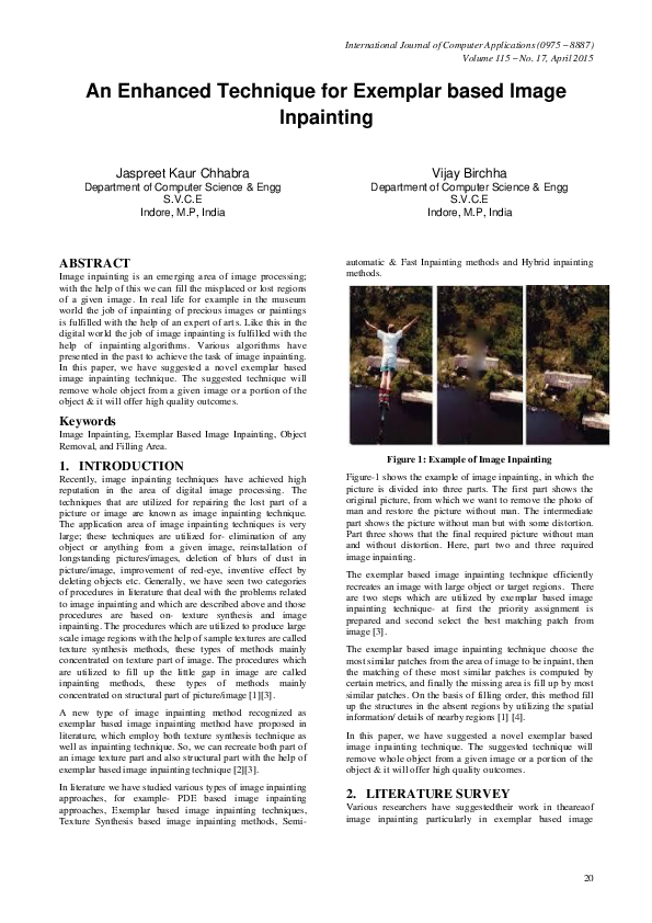 (PDF) An Enhanced Technique for Exemplar based Image Inpainting