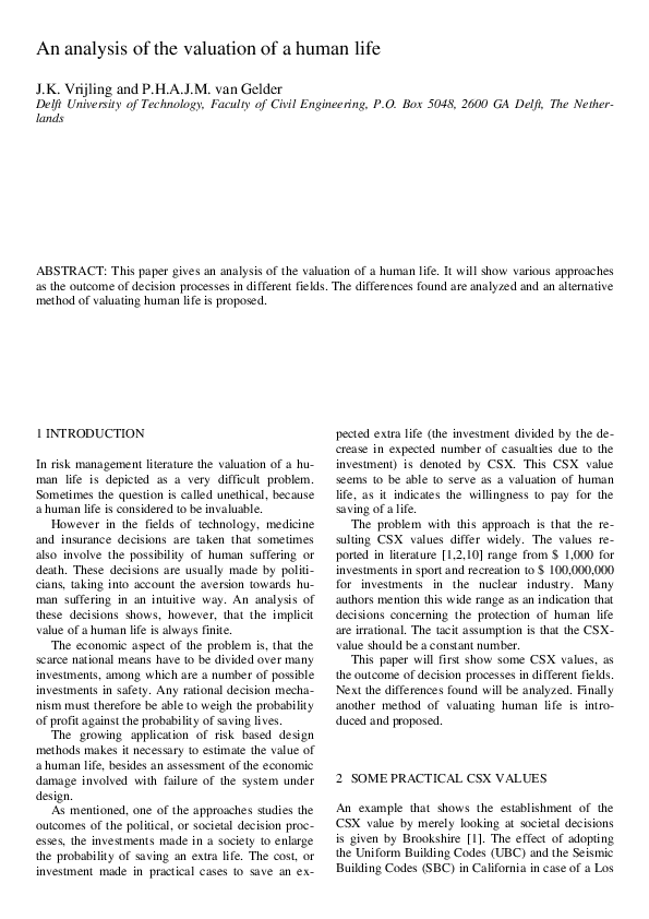 (PDF) An analysis of the valuation of a human life