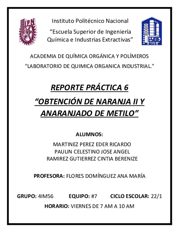 (PDF) QOI - PRÁCTICA #6: OBTENCIÓN DE NARANJA II Y ANARANJADO DE METILO