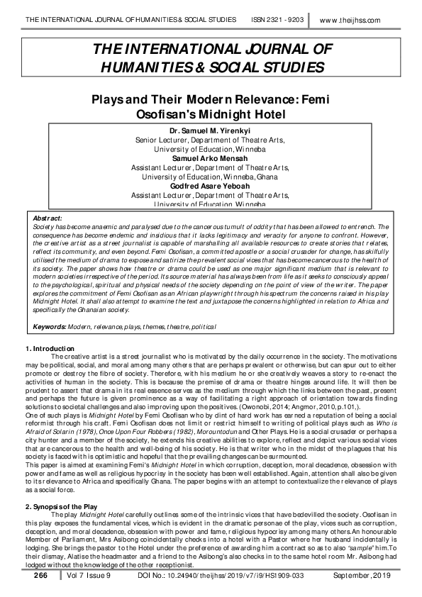 (PDF) Plays and Their Modern Relevance: Femi Osofisan's Midnight Hotel