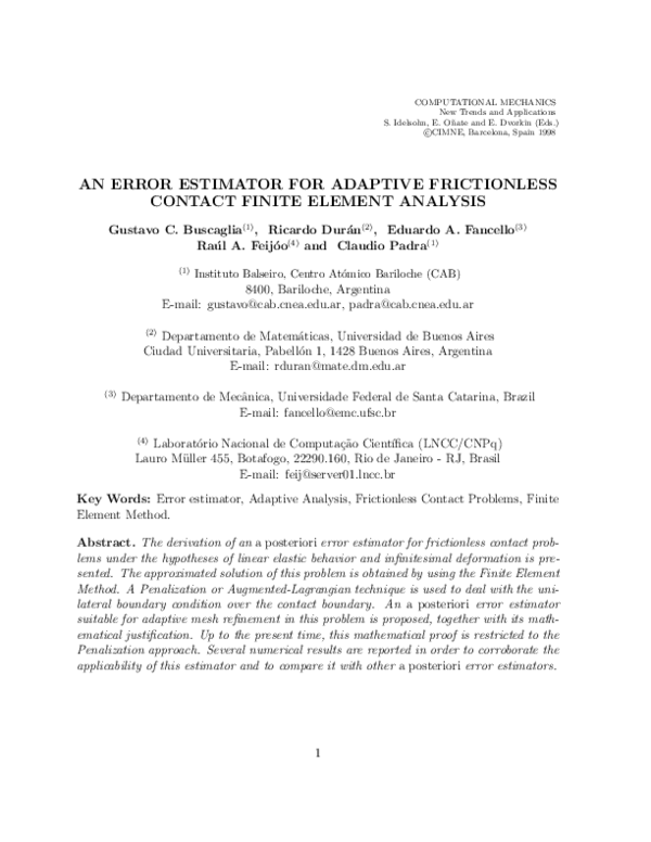 Pdf An Error Estimator For Adaptive Frictionless Contact Finite Element Analysis