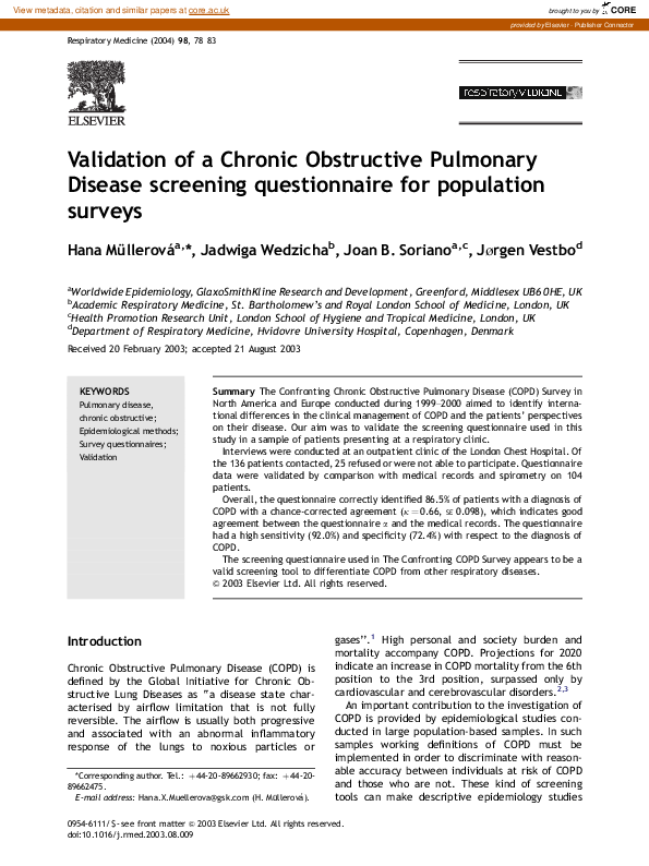 (PDF) Validation of a Chronic Obstructive Pulmonary Disease screening ...