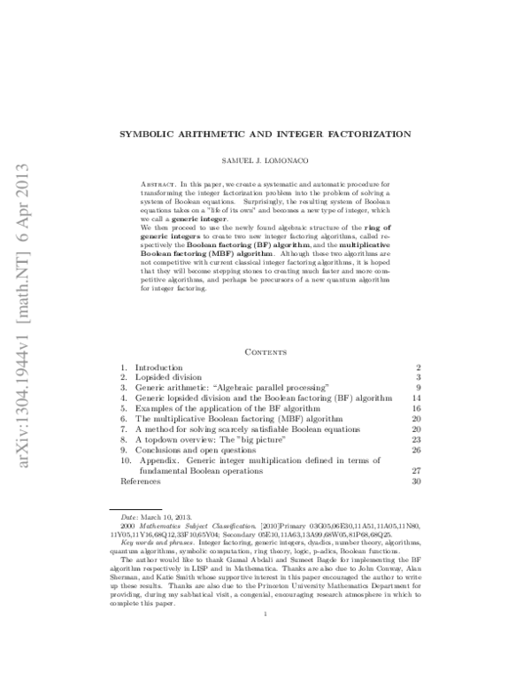 (PDF) Symbolic Arithmetic and Integer Factorization